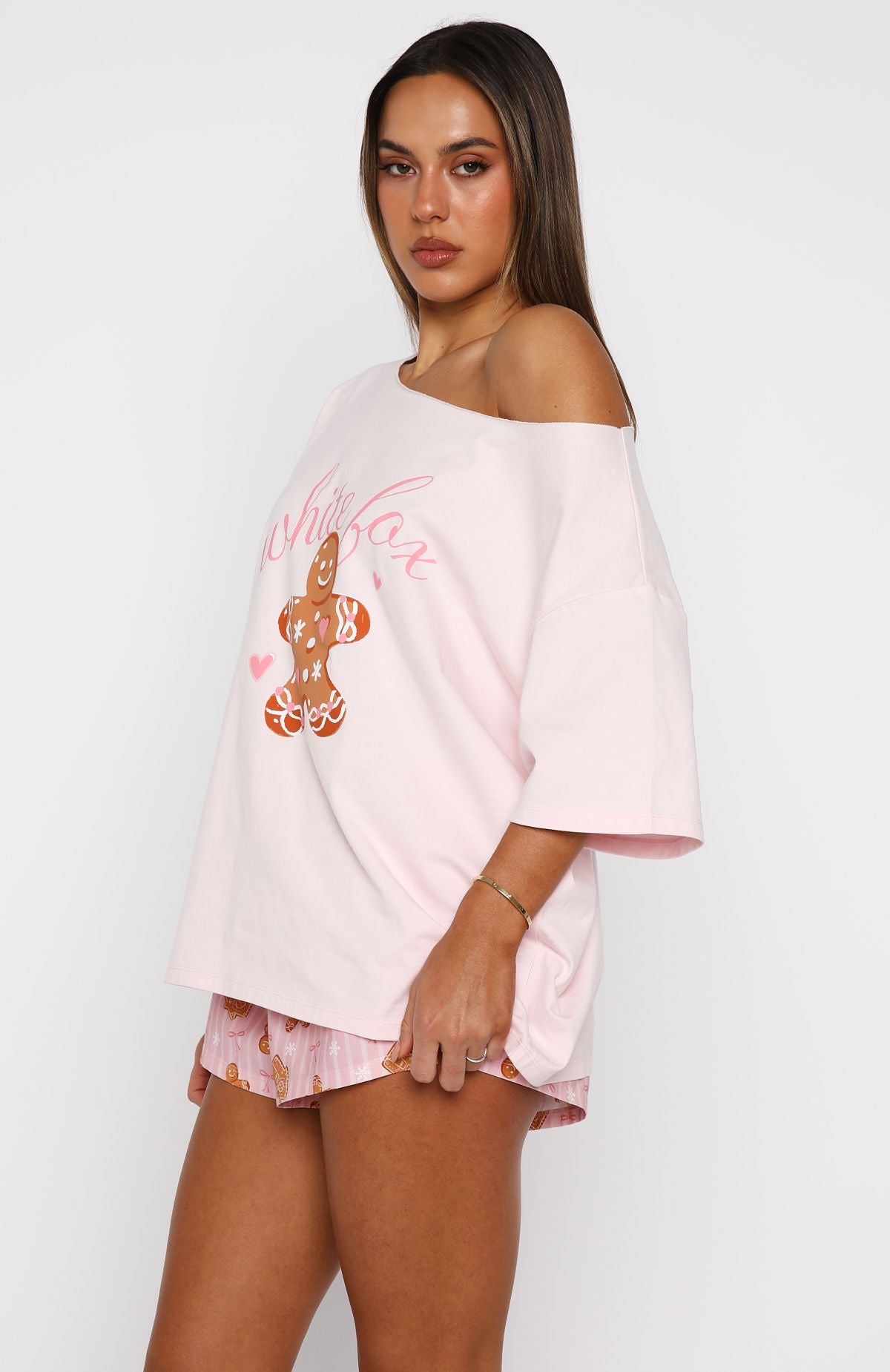Sweetheart Pyjama Off Shoulder Tee Soft Pink | White Fox Boutique UK