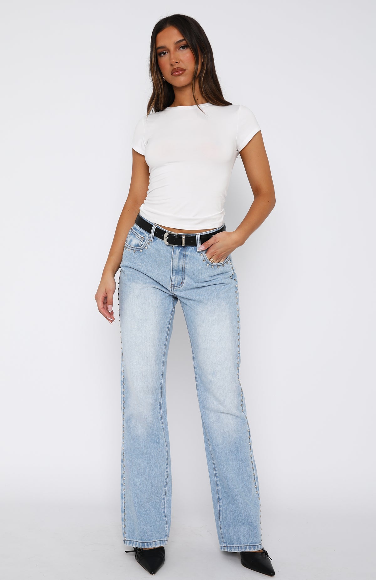 Unmatched Studded Mid Rise Straight Leg Jeans Cerulean Wash | White Fox ...