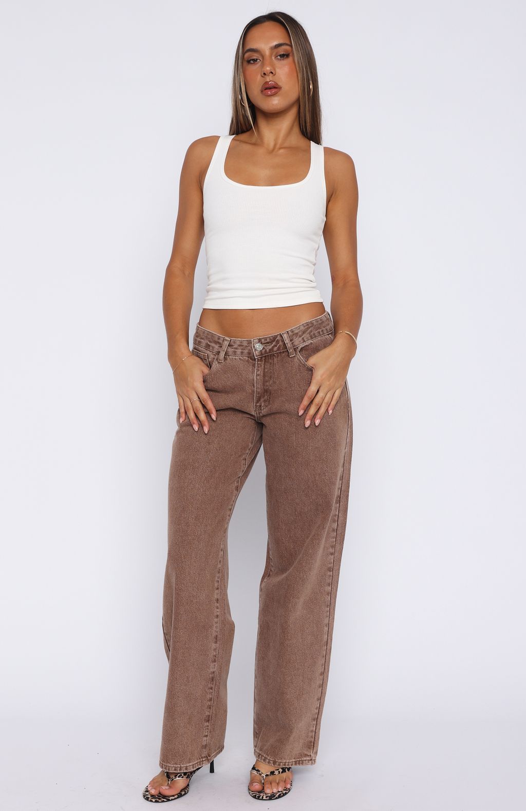Bring The Style Low Rise Wide Leg Jeans Tan Wash | White Fox Boutique UK