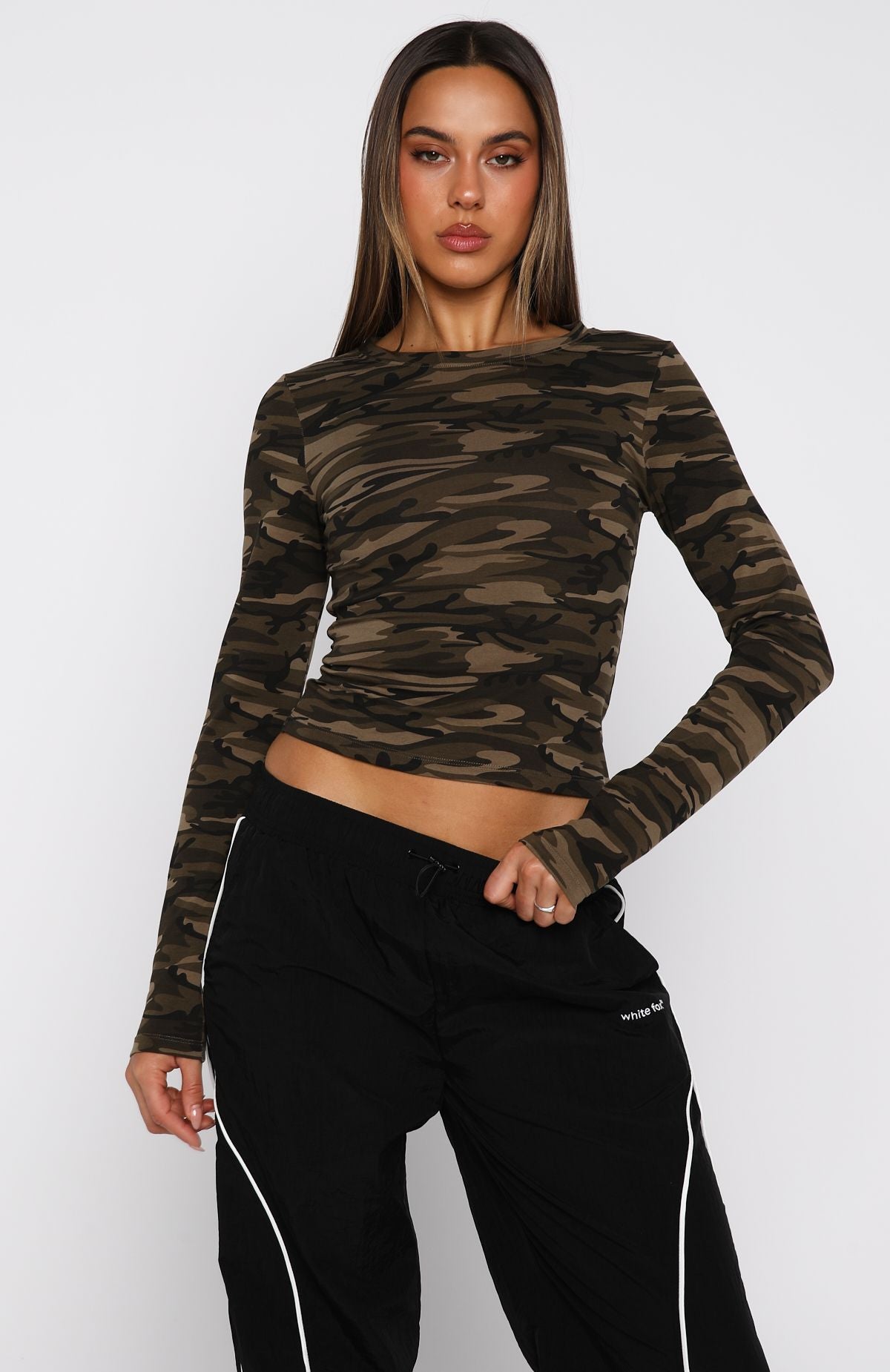 Don't Rein Me In Long Sleeve Baby Tee Camo | White Fox Boutique UK