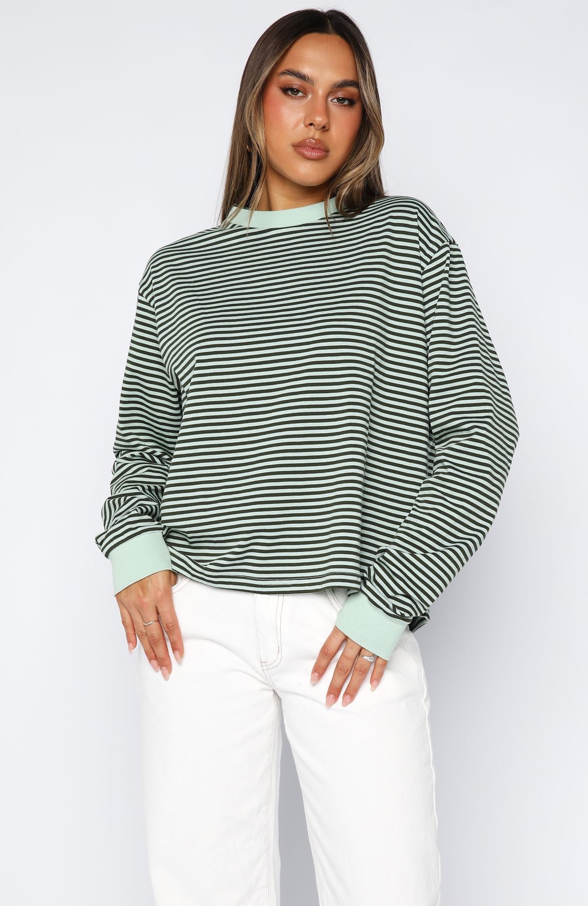 Touchdown Long Sleeve Tee Green Stripe | White Fox Boutique UK