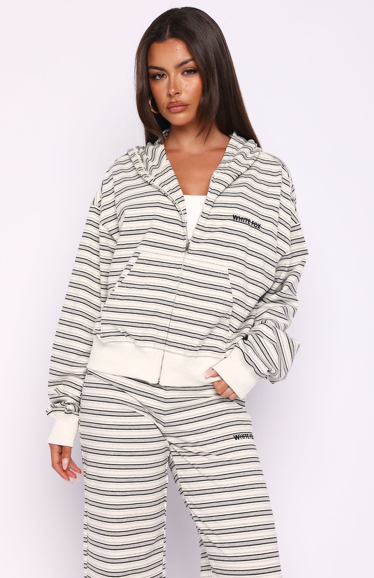 Looking Back Boxy Zip Front Hoodie White Stripe | White Fox Boutique UK