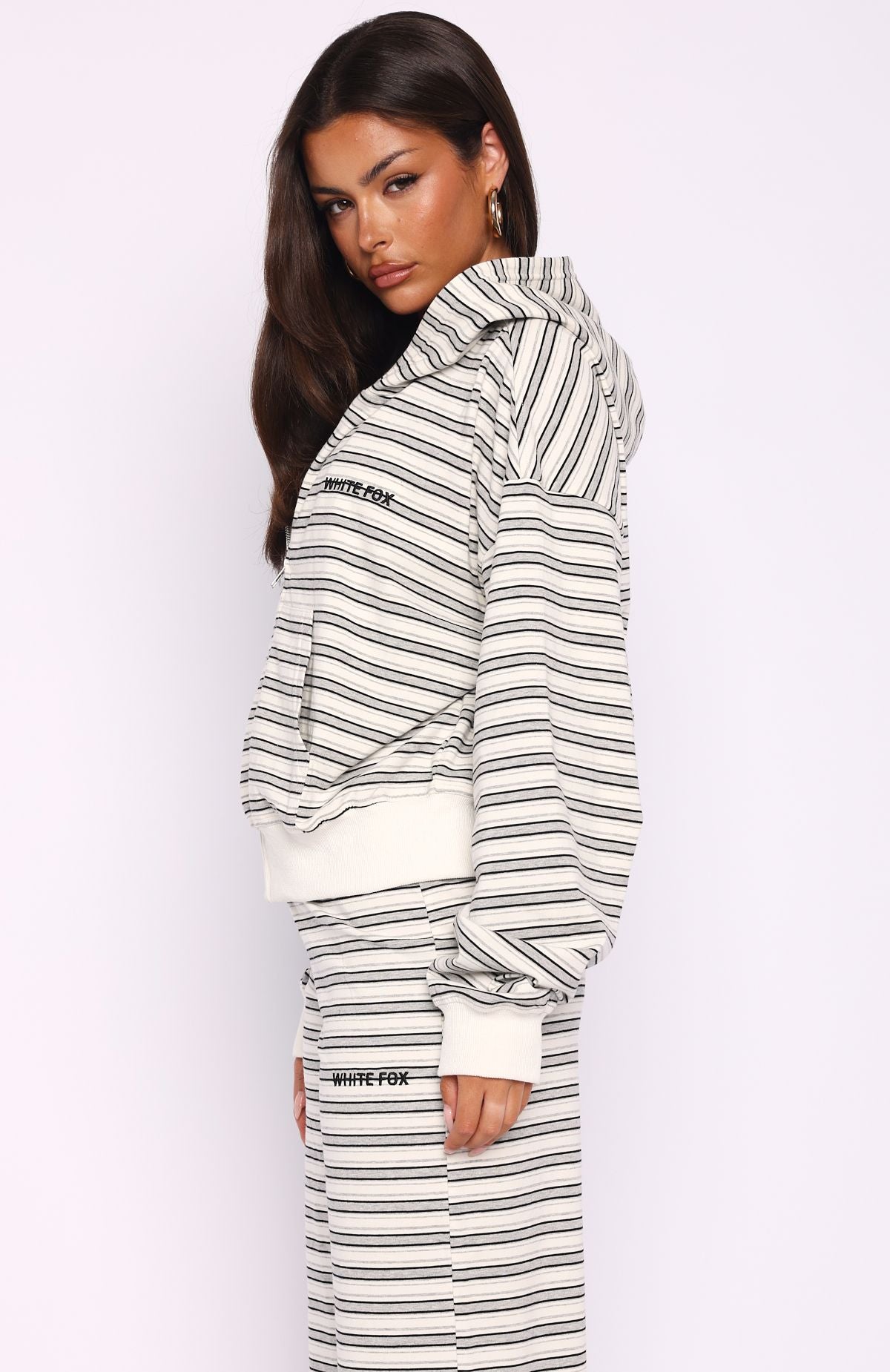 Looking Back Boxy Zip Front Hoodie White Stripe | White Fox Boutique UK