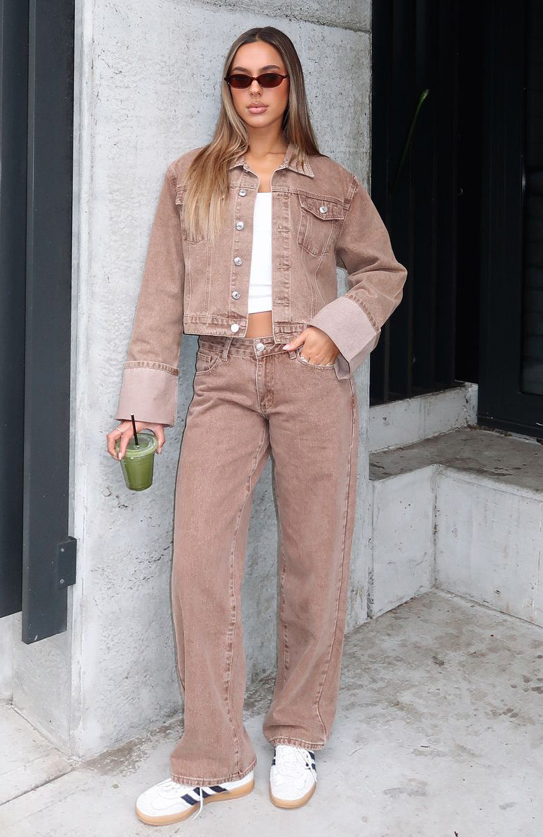 Bring The Style Low Rise Wide Leg Jeans Tan Wash | White Fox Boutique UK