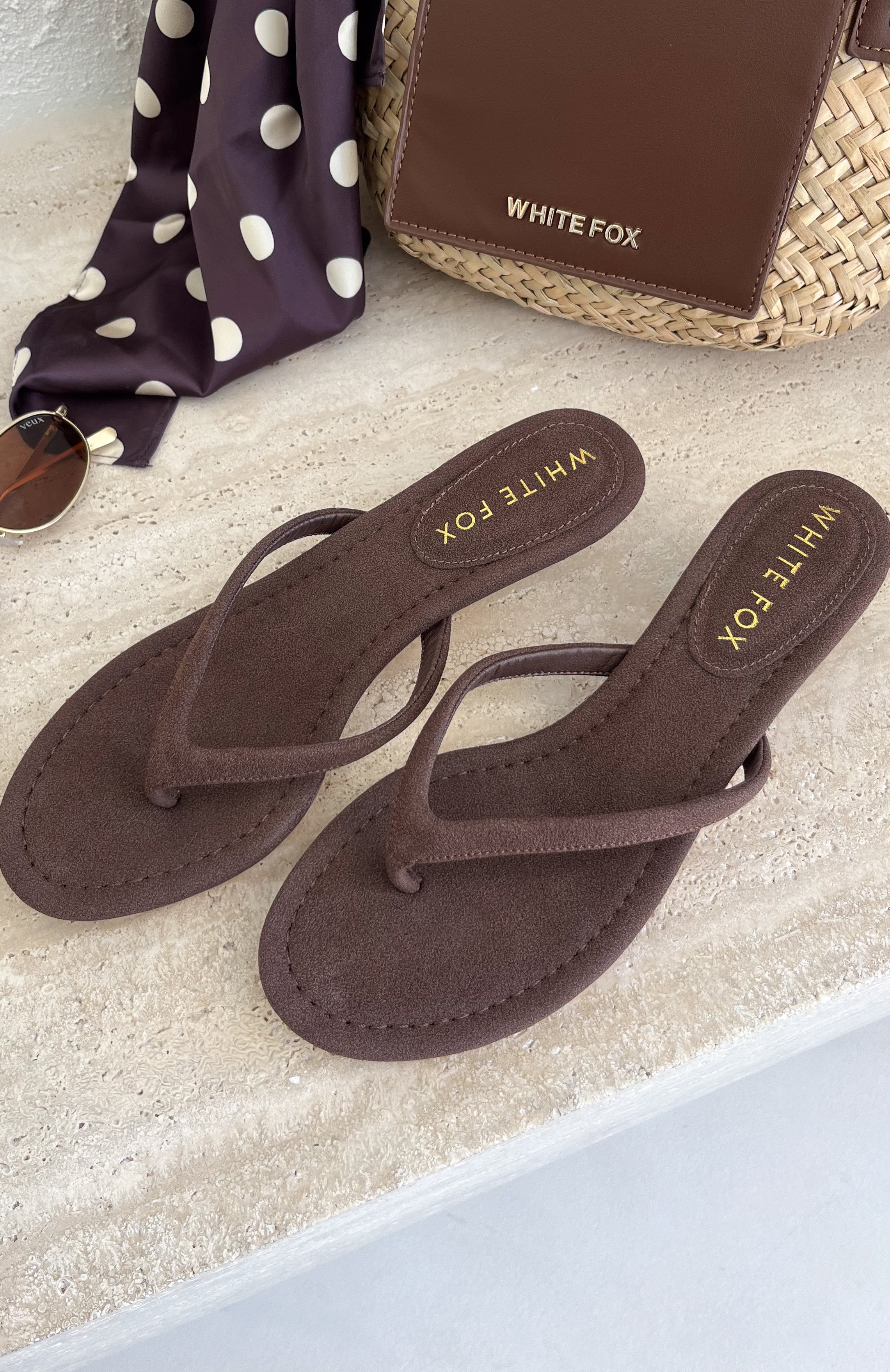 Orion Thong Kitten Mules Chocolate Faux Suede | White Fox Boutique UK