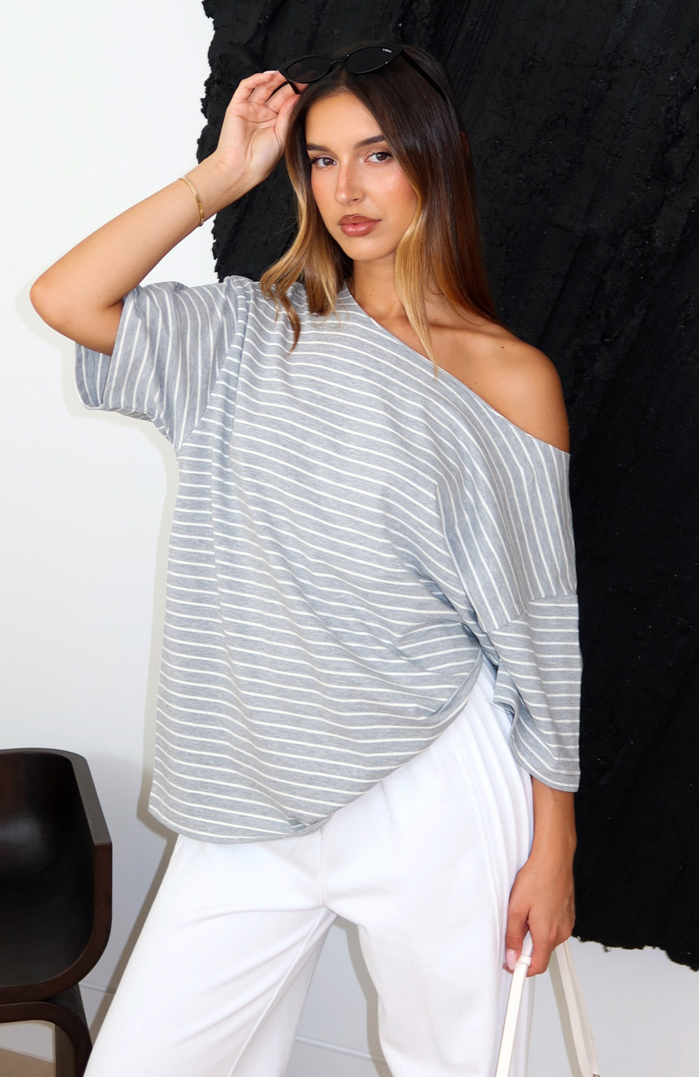Give Me Options Off Shoulder Tee Grey/White Stripe | White Fox Boutique UK