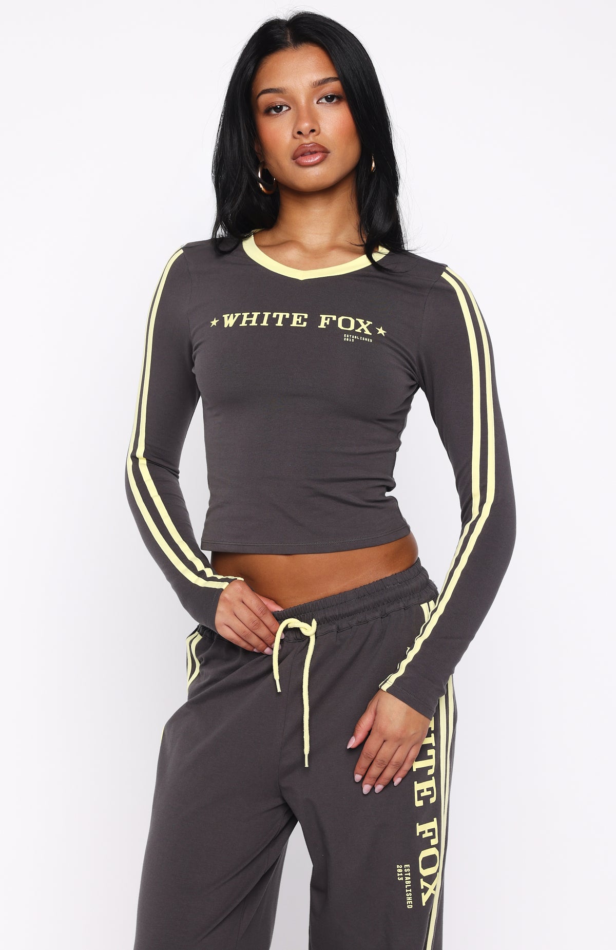 Star Of The Night Long Sleeve V Neck Baby Tee Charcoal | White Fox ...