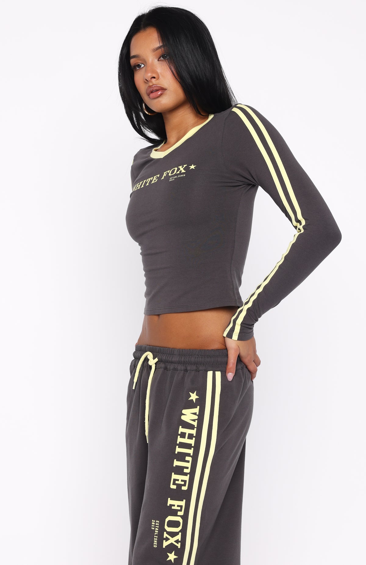Star Of The Night Long Sleeve V Neck Baby Tee Charcoal | White Fox ...