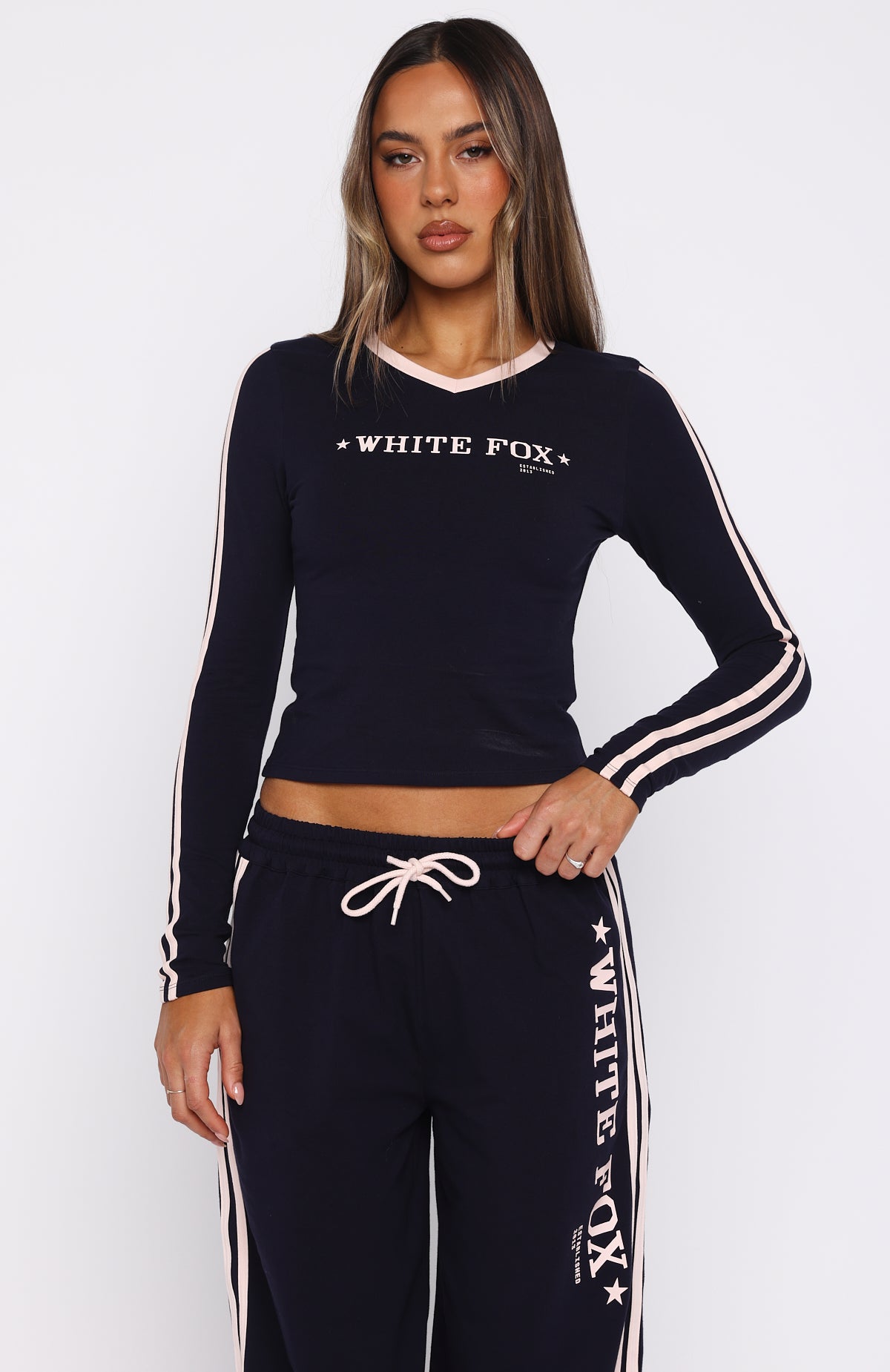 Star Of The Night Long Sleeve V Neck Baby Tee Navy | White Fox Boutique UK