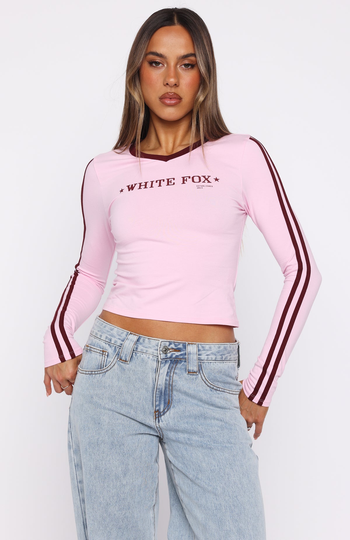 Star Of The Night Long Sleeve V Neck Baby Tee Pink | White Fox Boutique UK