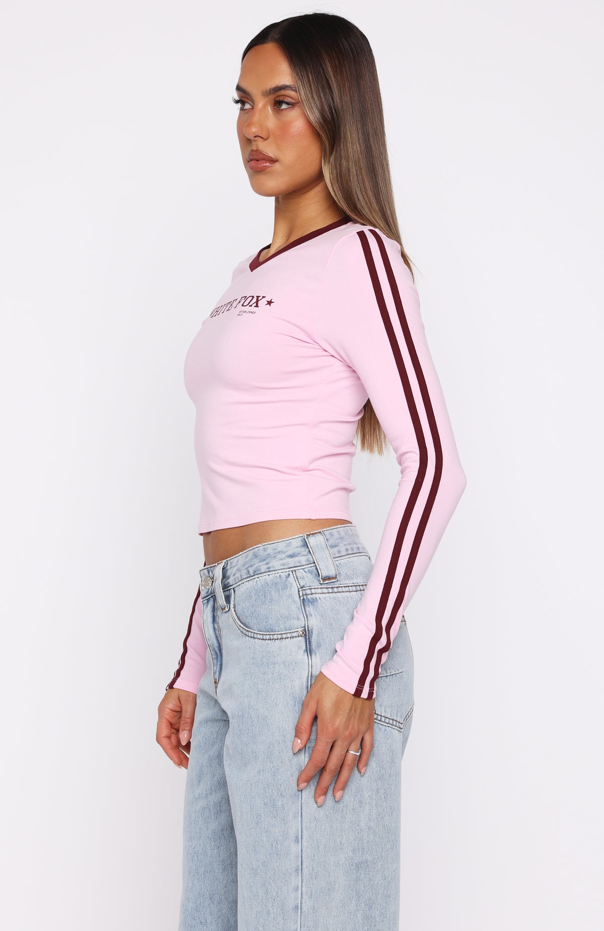 Star Of The Night Long Sleeve V Neck Baby Tee Pink | White Fox Boutique UK