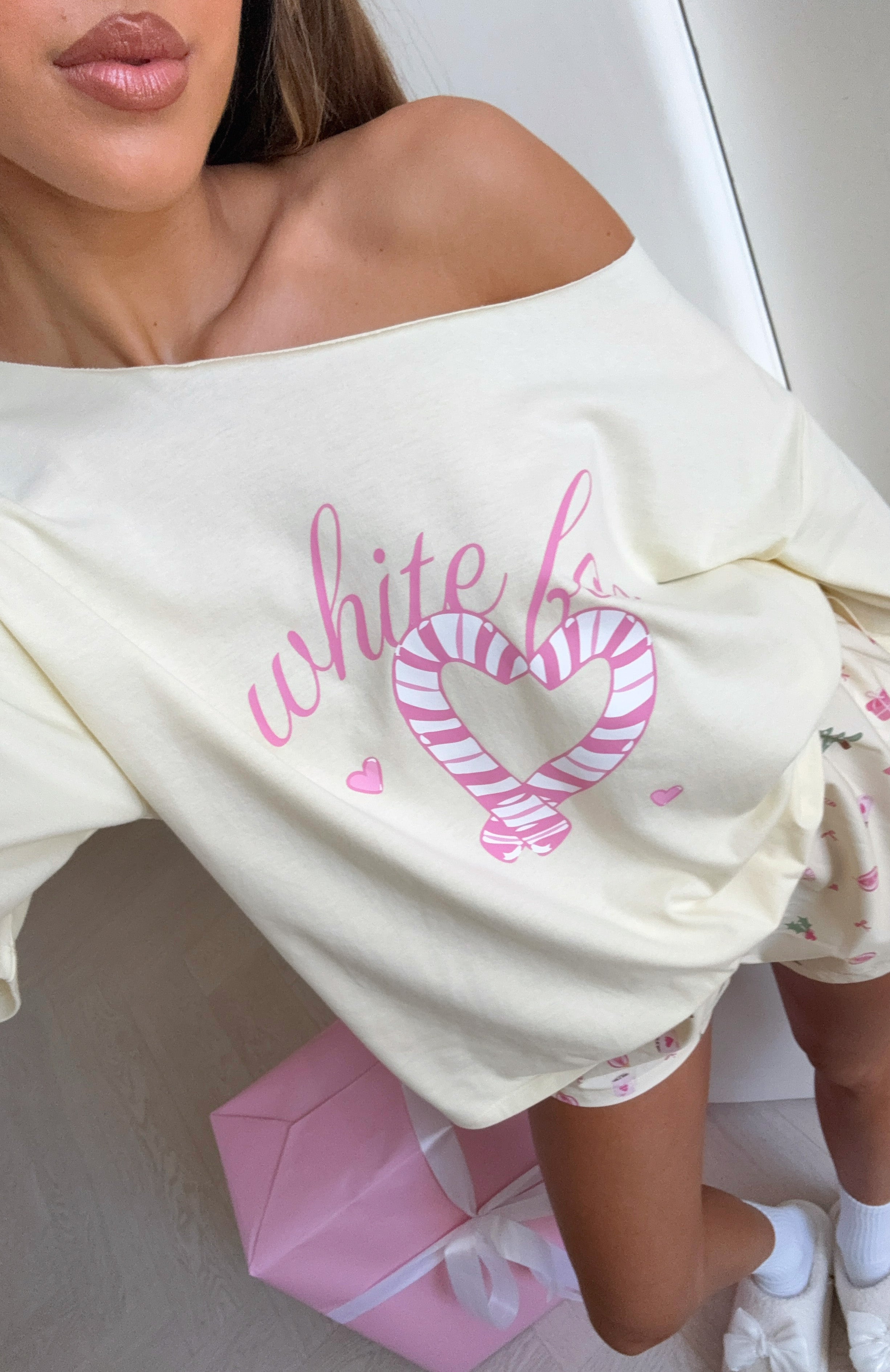 Sweetheart Pyjama Off Shoulder Tee Lemon | White Fox Boutique UK