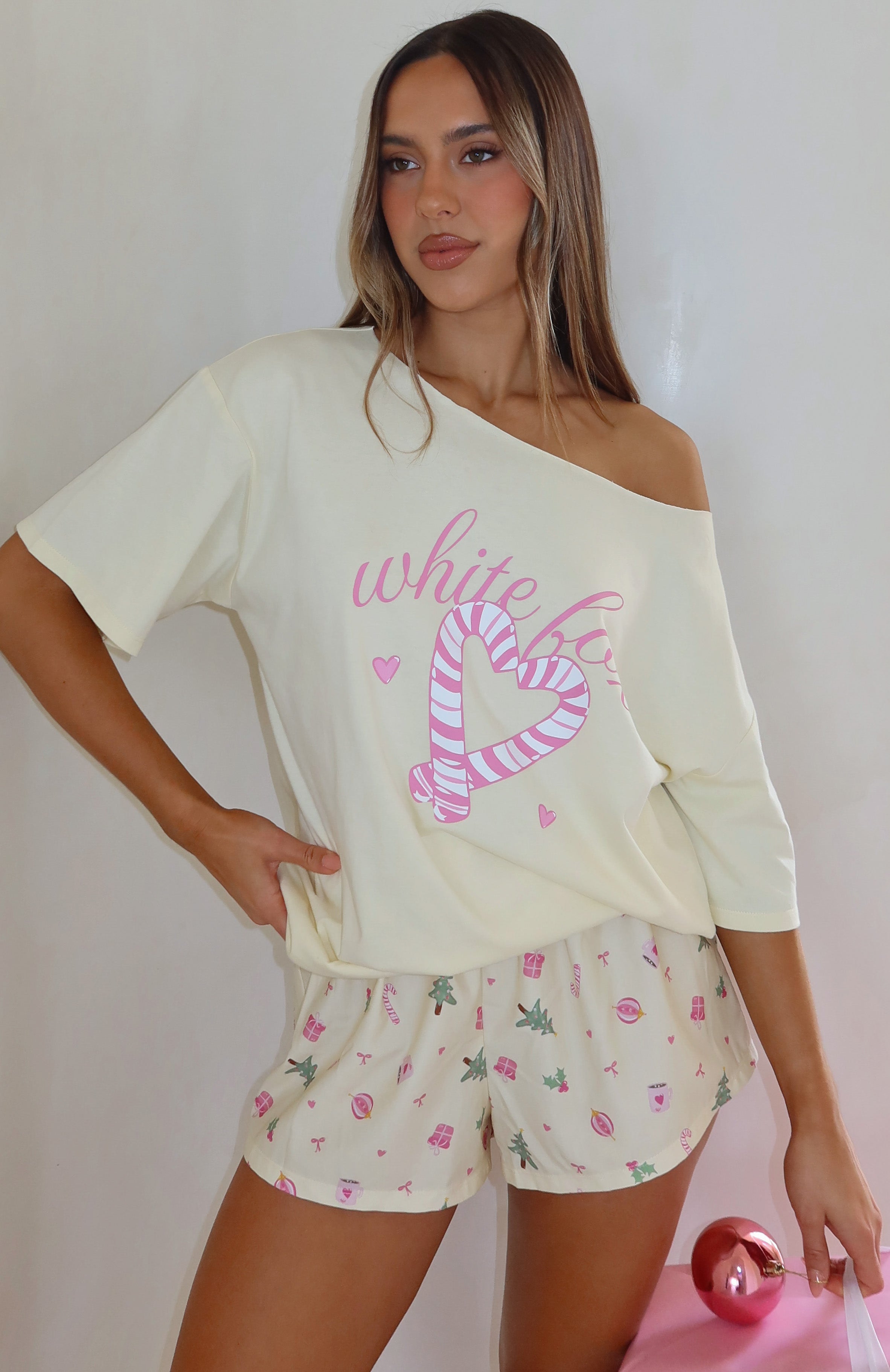 Sweetheart Pyjama Off Shoulder Tee Lemon | White Fox Boutique UK