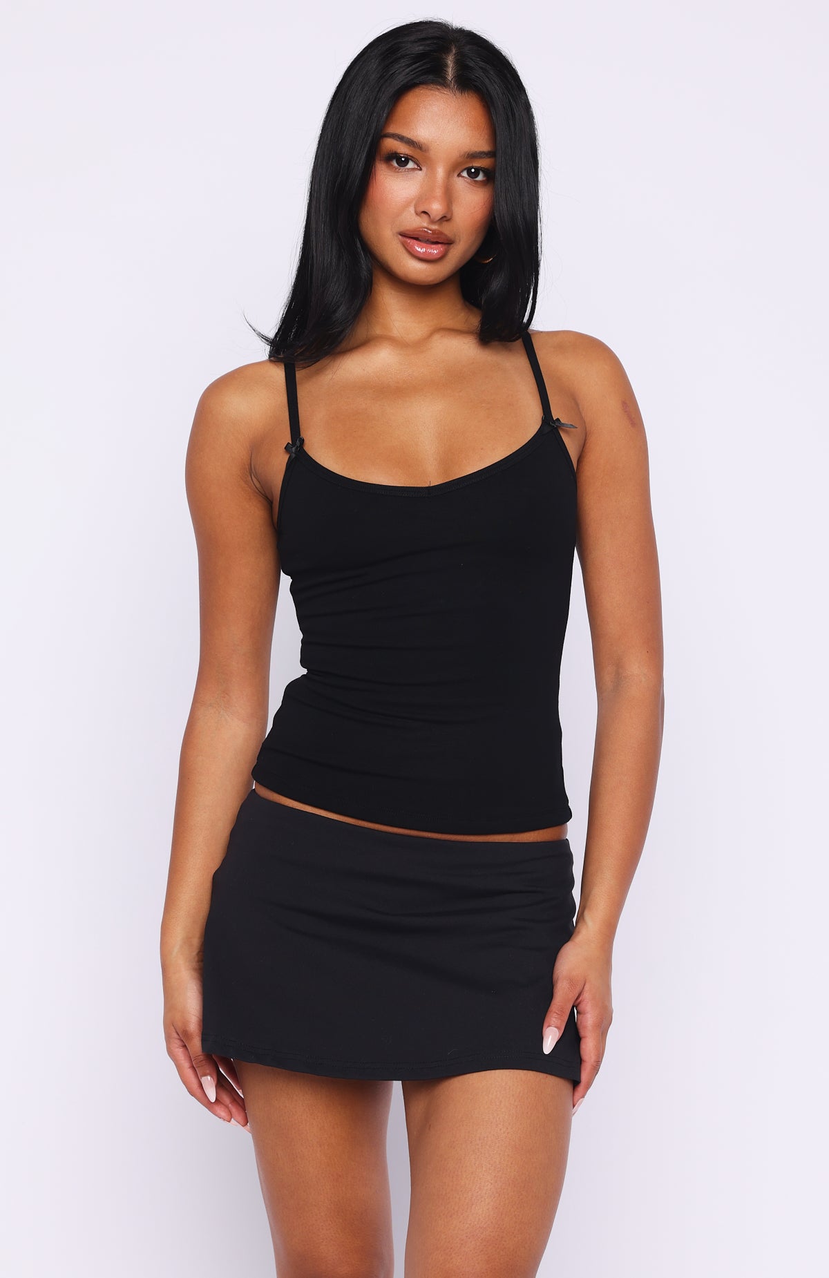 Too Cute To Care Bow Trim Cami Top Black | White Fox Boutique UK