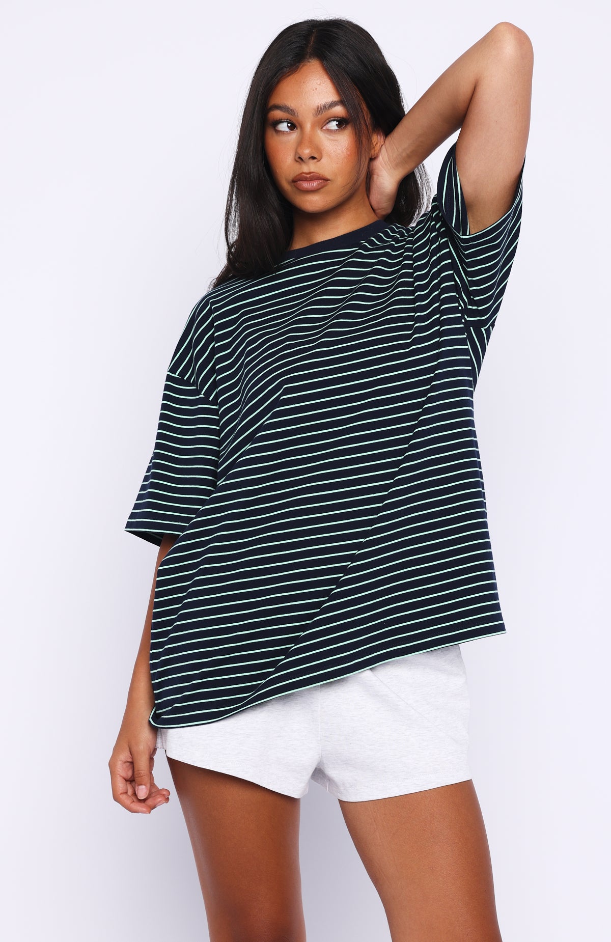 Touchdown Oversized Tee Navy/Mint Stripe | White Fox Boutique UK