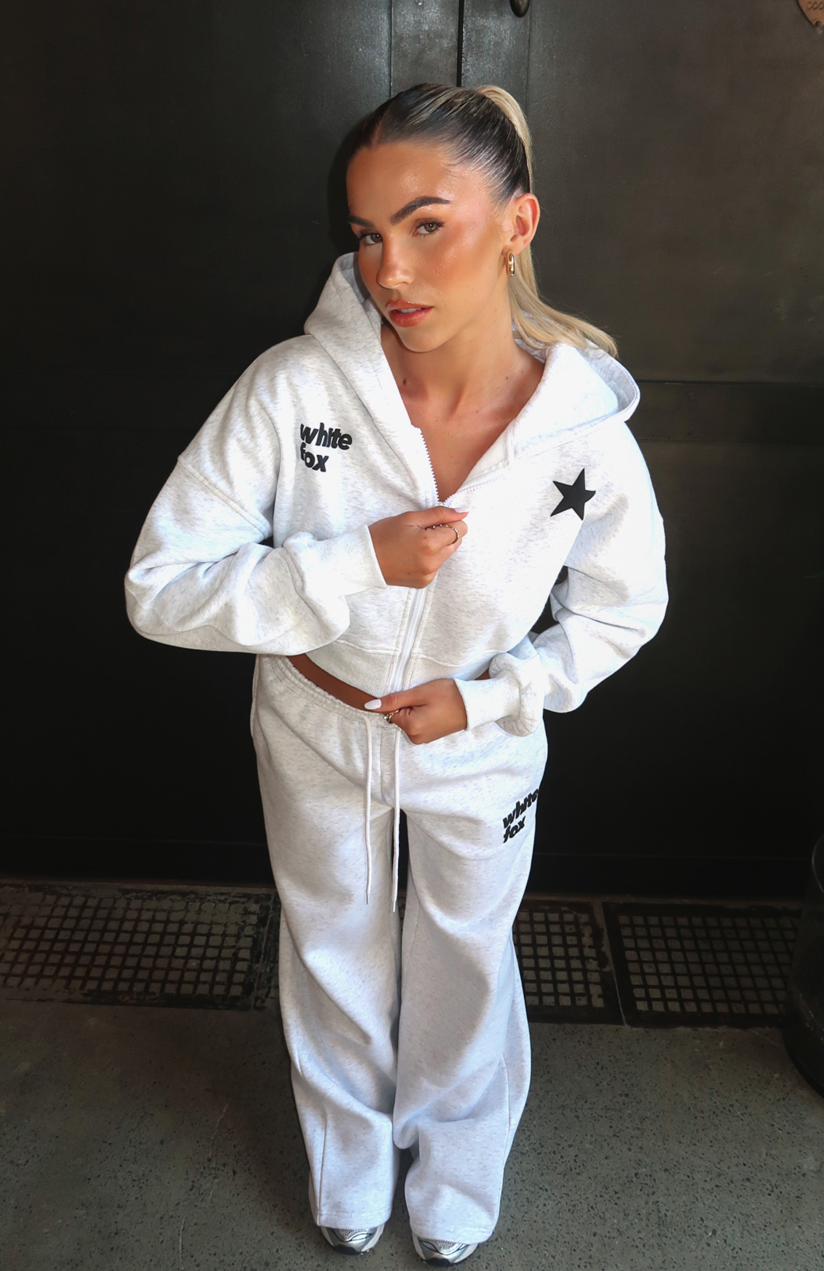 From The Archives Charli Cropped Zip Front Hoodie Grey Marle | White ...
